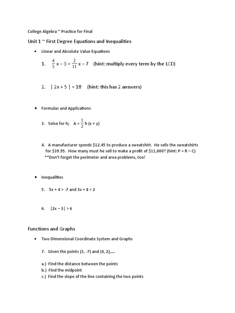College Algebra Review For Final | PDF | Logarithm | Quadratic Equation