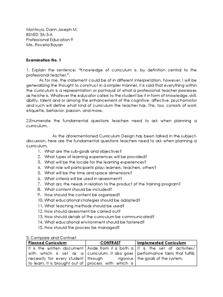 Prof Ed 9 (Examination) Montoya | PDF | Curriculum | Teachers