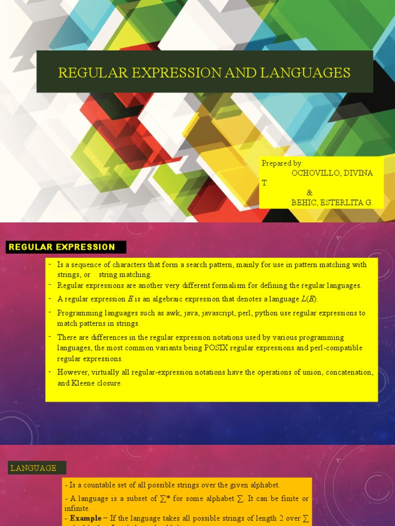 Regular Expression and Languages: Prepared By: Ochovillo, Divina T. & Behic, Esterlita G | PDF ...