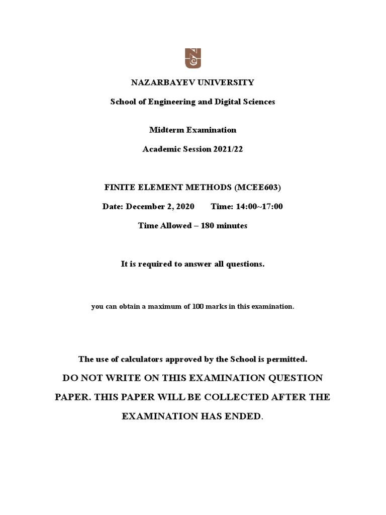 MCEE603 - Finite Element Method - Fall 2021 - Midterm Exam II | PDF ...