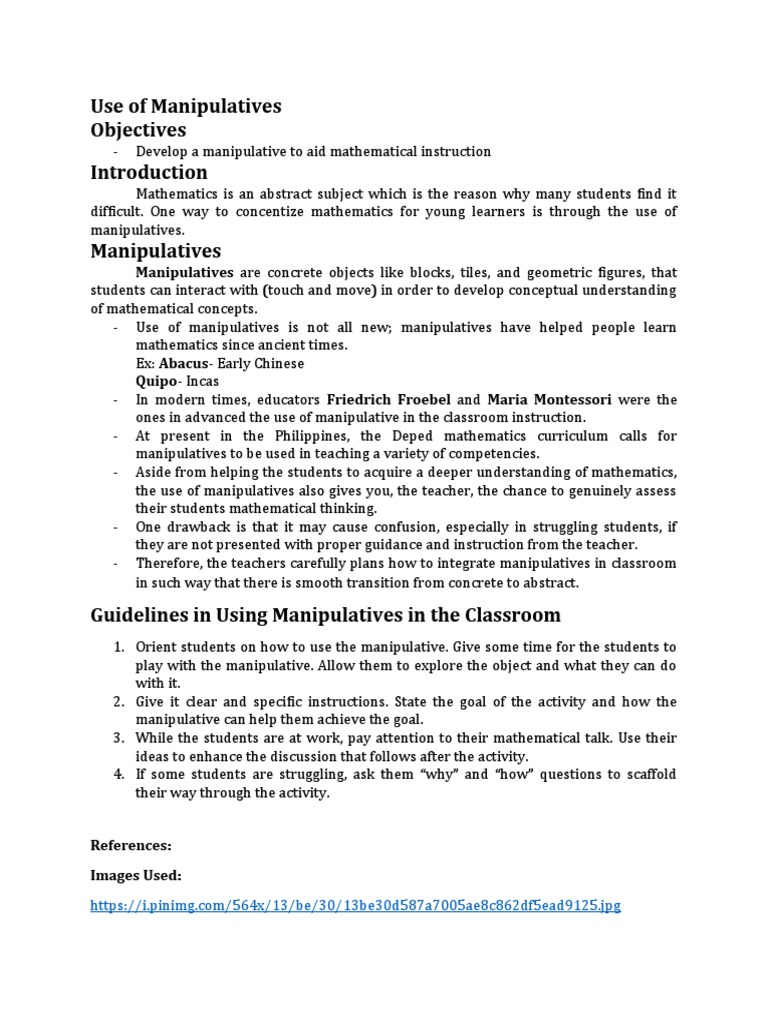 Use of Manipulatives in Mathematics | PDF | Teachers | Classroom