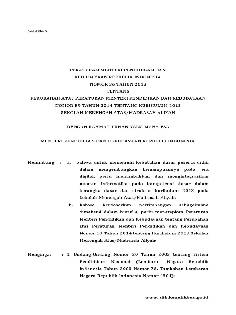 Permendikbud Nomor 36 Tahun 2018 | PDF Permendikbud Nomor 36 Tahun 2018 | PDF