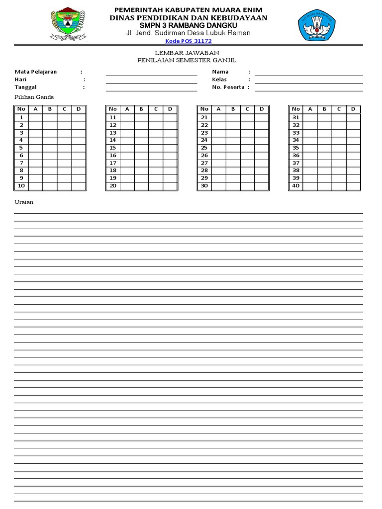 Lembar Jawaban Ulangan 20 Baru | PDF