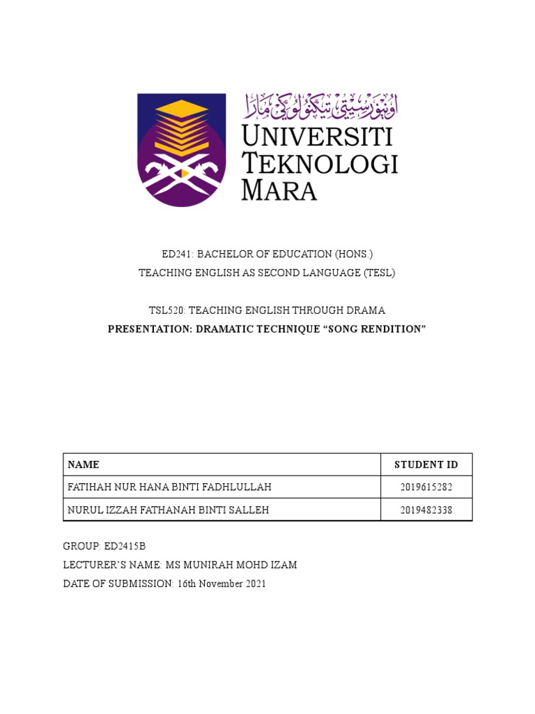 TSL520 Song Rendition For Esl Classroom | PDF | English As A Second Or ...