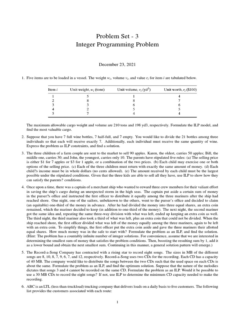 Problem Set 3 Integer Programming Problems Pdf 7781