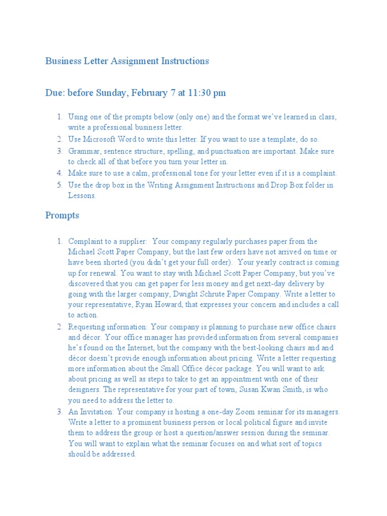 Business Letter Assignment Instruction Sheet | PDF