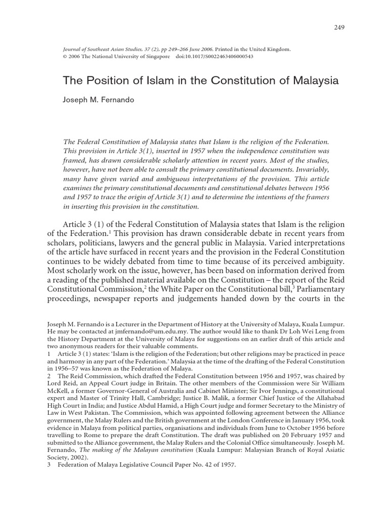 FERNANDO - The Position of Islam in The Constitution of Malaysia | PDF ...