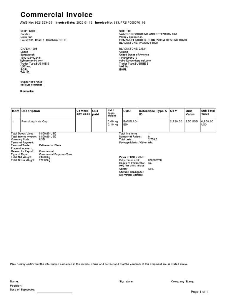 Commercial Invoice: AWB No: 9621523435 Invoice Date: 2022-01-15 Invoice ...