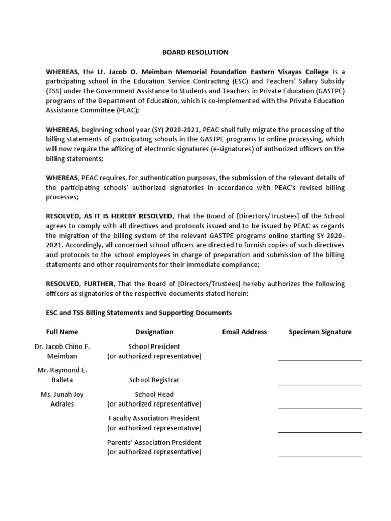 Board Resolution On Assigning Signatories in The ESC and TSS Program ...