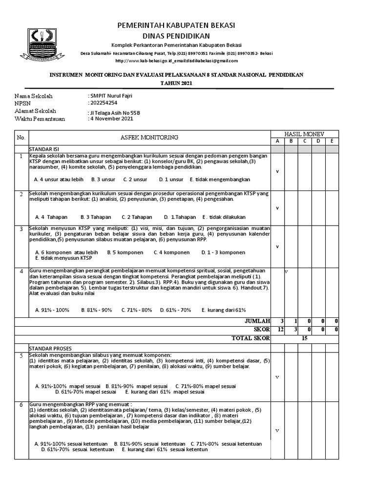 Format Instrumen Monev SMP | PDF | Karier & Perkembangan