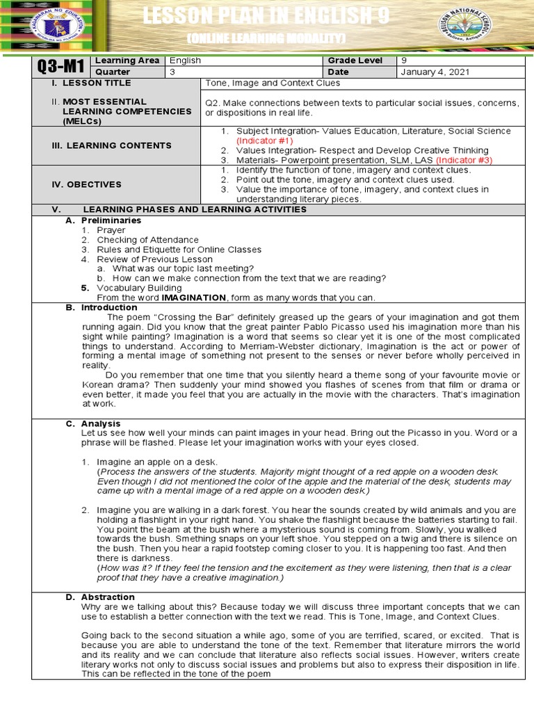 Lesson Plan in English 9 (Online Modality) | PDF | Imagination | Cognition