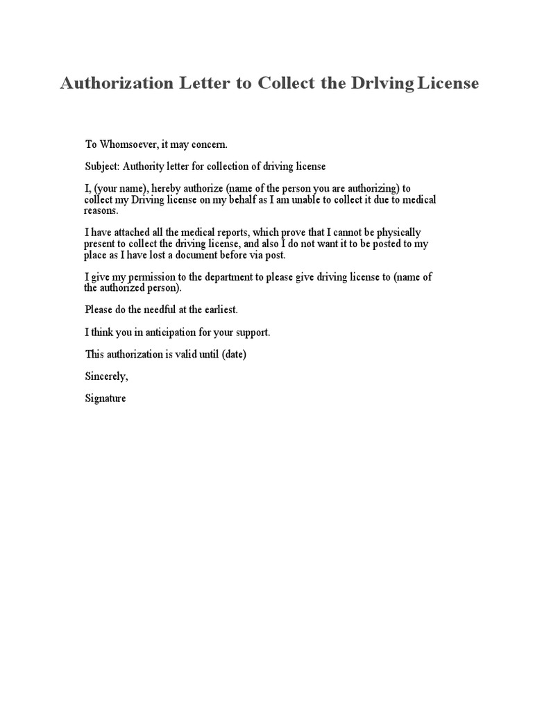 Authorization Letter To Collect The Driving License | PDF