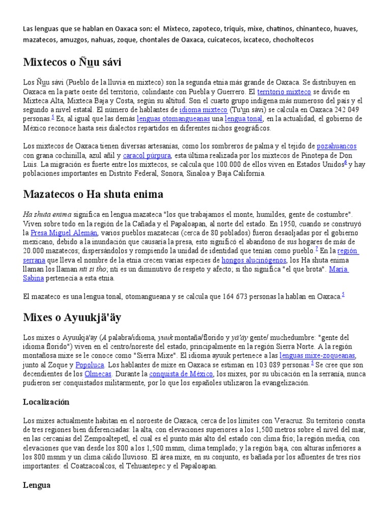 Las Lenguas Que Se Hablan en Oaxaca Son | PDF | Pueblos Indígenas de ...