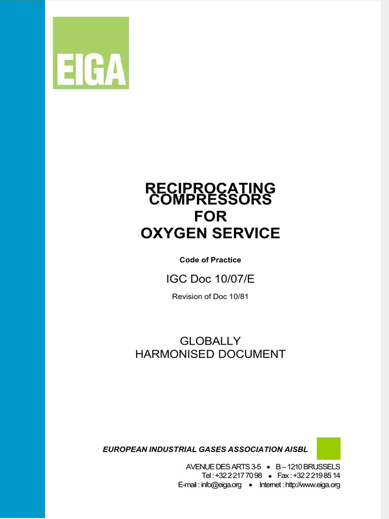 Reciprocating Compressors FOR Oxygen Service: IGC Doc 10/07/E | PDF ...