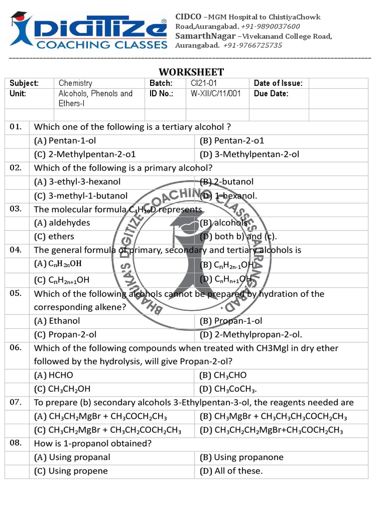 Chemistry Worksheet on Alcohols and Ethers | PDF | Alcohol | Ethanol