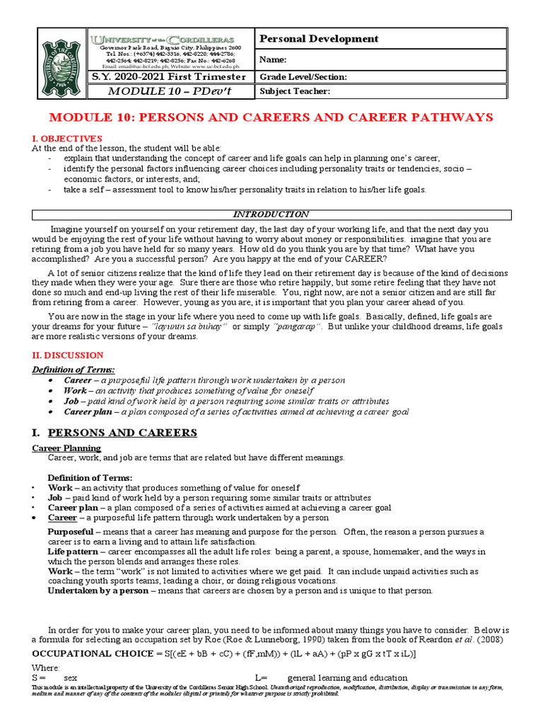 Module 10: Persons and Careers and Career Pathways | PDF | Contentment ...
