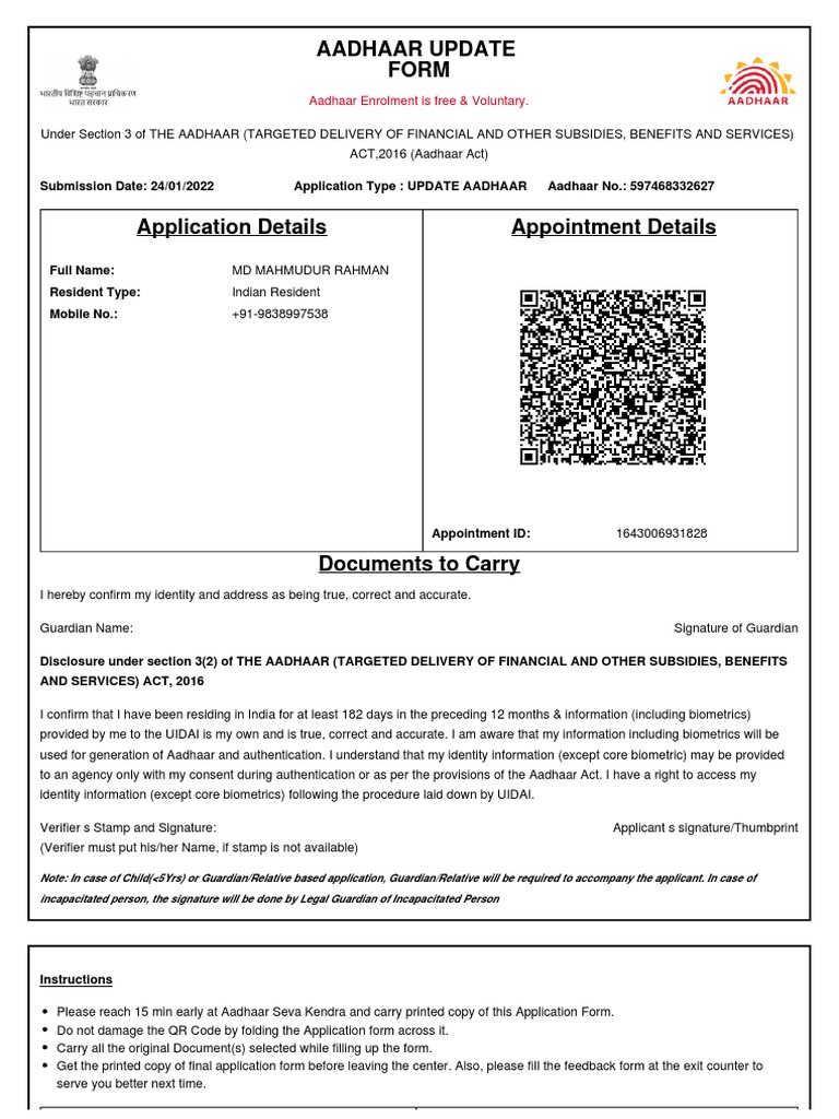 Aadhaar Update Form: Aadhaar Enrolment Is Free & Voluntary | PDF ...
