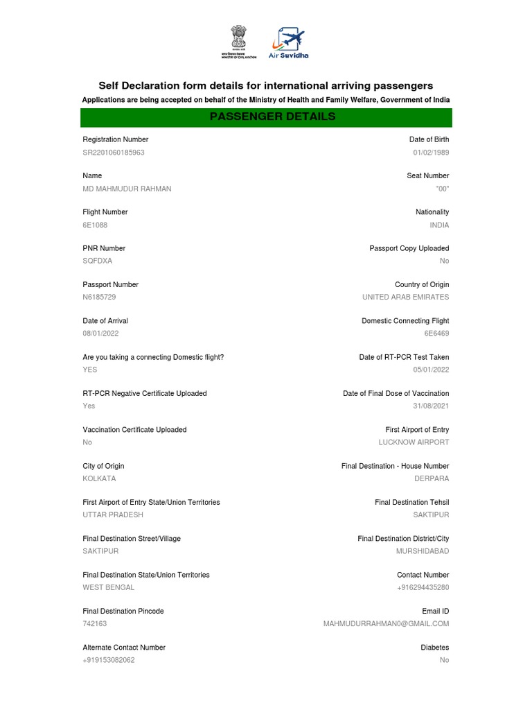 Self Declaration Form Details For International Arriving Passengers ...