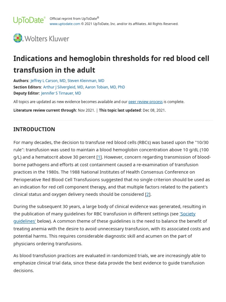 Indications and Hemoglobin Thresholds For Red Blood Cell Transfusion in ...