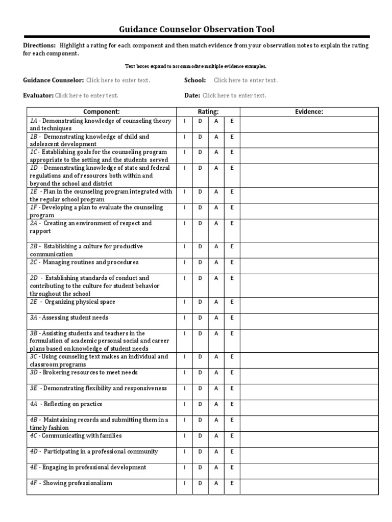 Guidance Counselor Observation Tool: Component: Rating: Evidence | PDF ...
