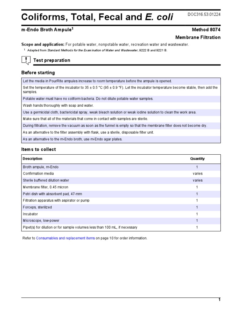 Coliforms, Total, Fecal and E. Coli: M-Endo Broth Ampule Method 8074 ...