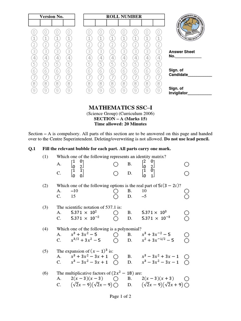 Math SSC-I Model Question Paper | PDF | Triangle | Factorization