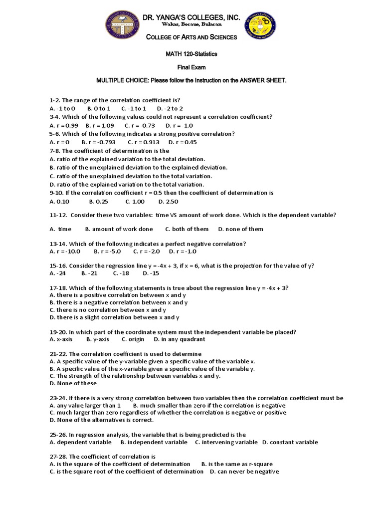 MATH 120 Statistics Final Exam Guide | PDF | Coefficient Of ...