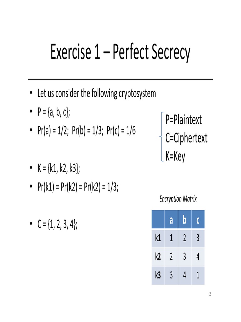 Exercise 1 - Perfect Secrecy: P Plaintext C Ciphertext K Key | PDF | Encryption | Algorithms