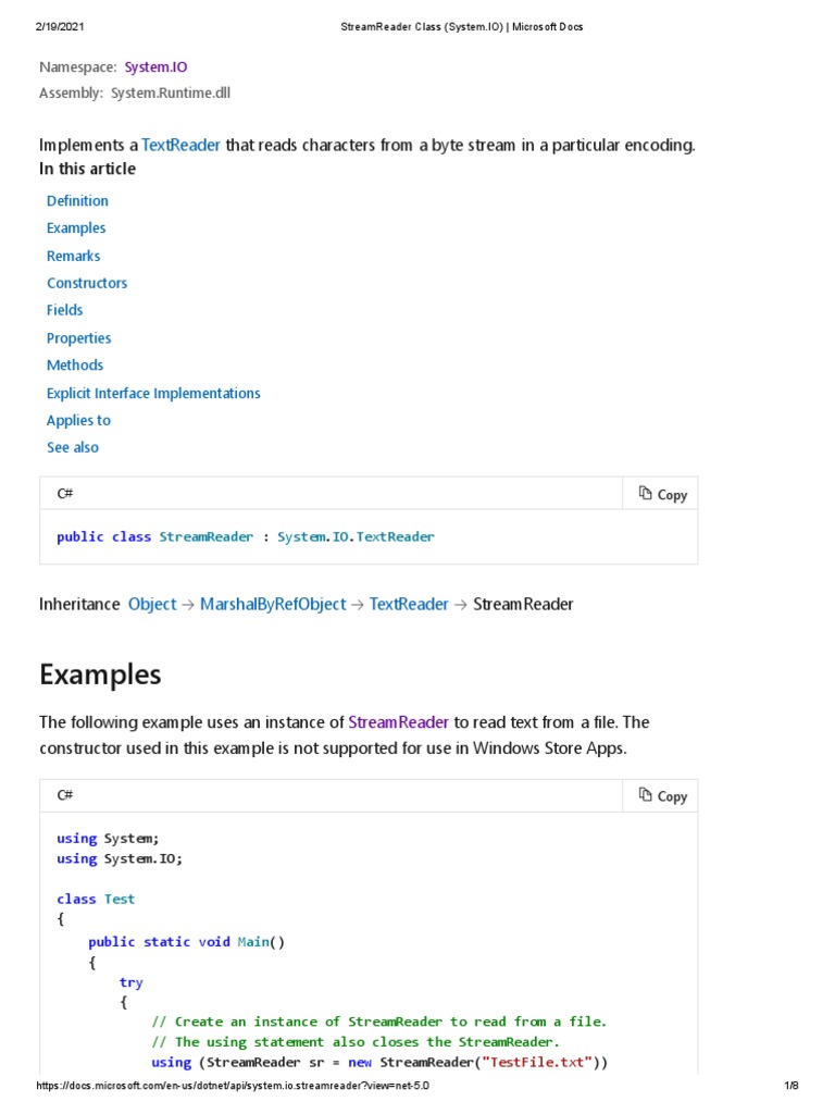 Streamreader Class System Io Microsoft Docs Pdf C Sharp Programming Language Xamarin