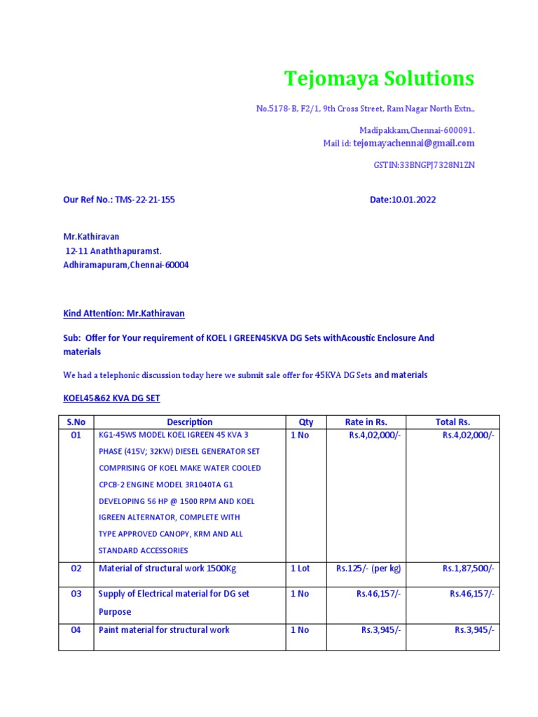 Quotation 155 45kva Sale | PDF | Manufactured Goods | Electric Power