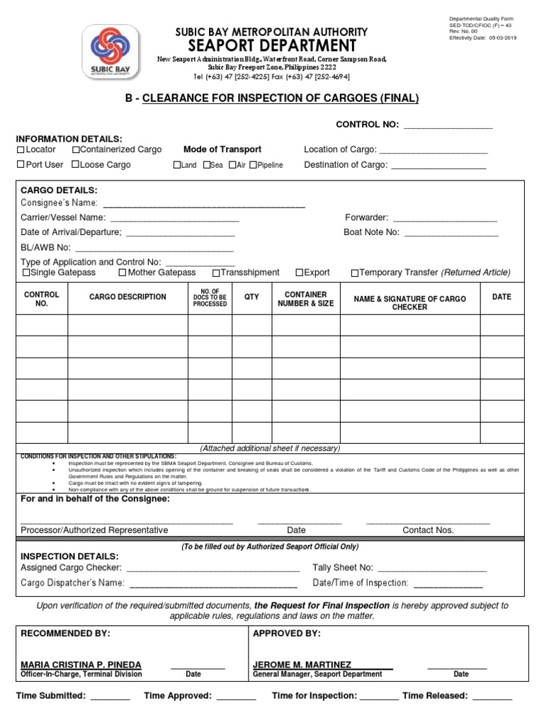 Final Cargo Inspection Clearance Form | PDF | Cargo | Port