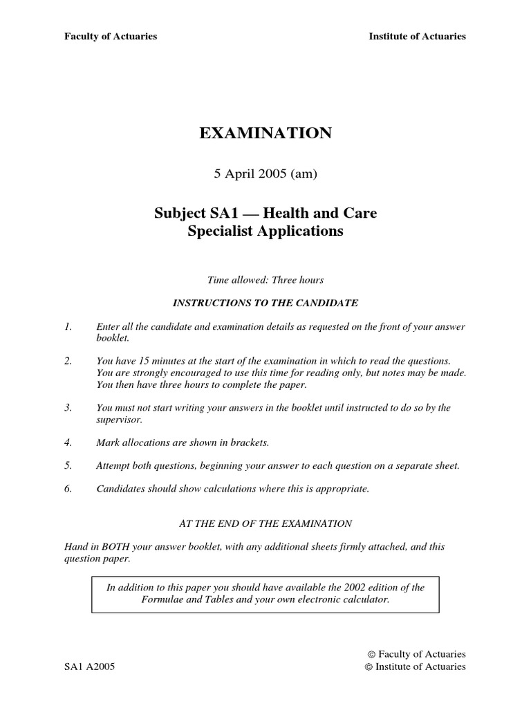 Examination: Subject SA1 Health and Care Specialist Applications | PDF ...