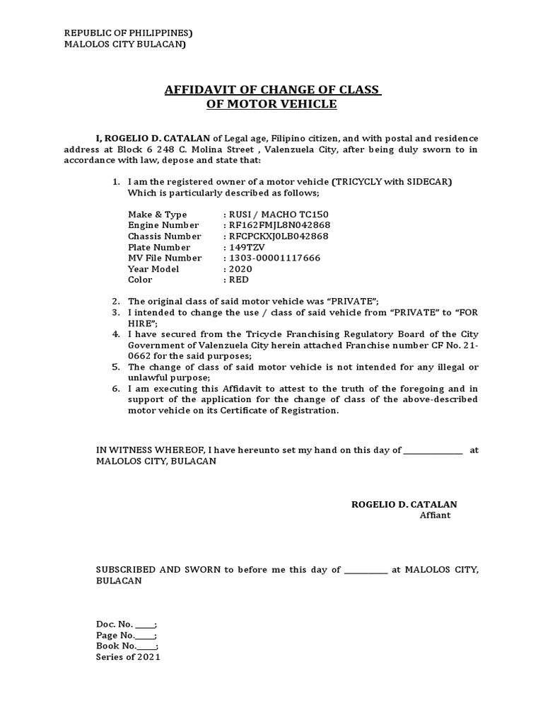 Affidavit for Vehicle Class Change | PDF | Law