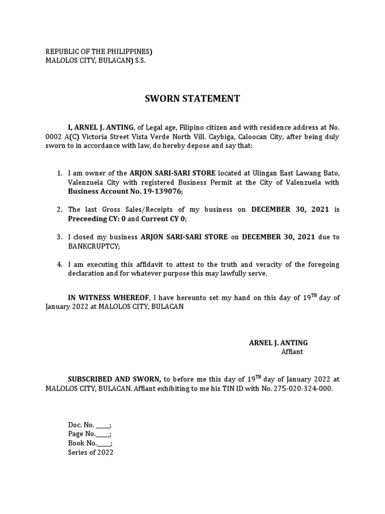 Sworn Statement of Business Closure | PDF
