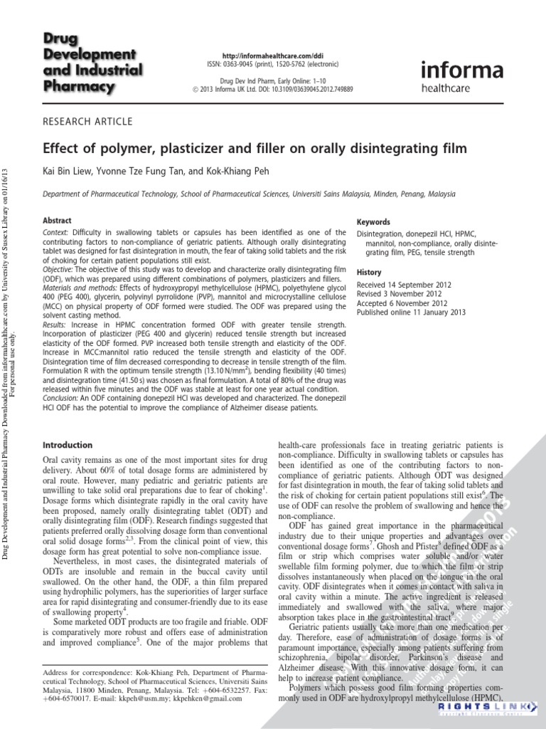 Effect of polymers on orally disintegrating films | PDF | Tablet ...