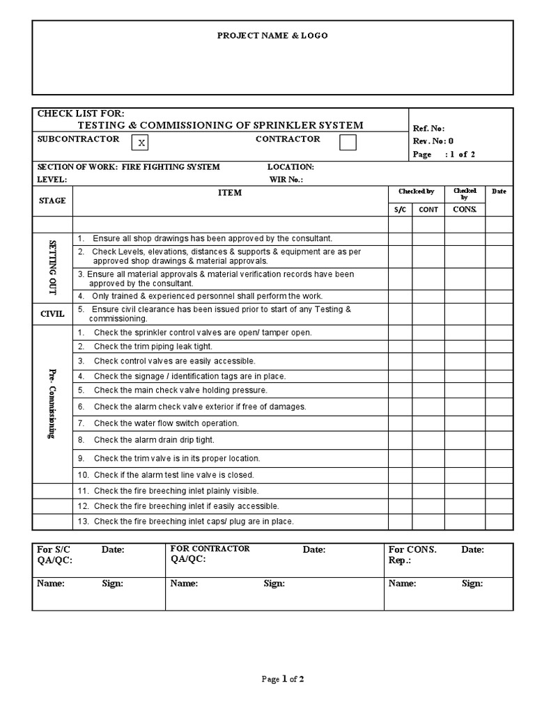 Checklist For Testing And Commissioning Of Sprinkler System Pdf Fire