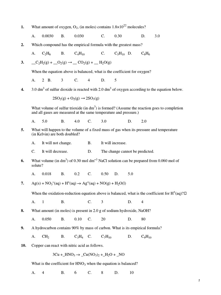 Chemistry Mole Calculations and Reactions | PDF | Teaching Methods ...