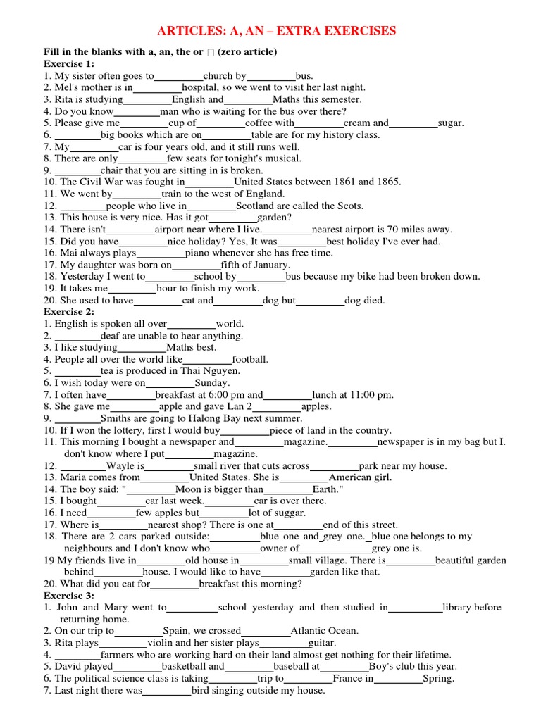 Articles: A, An - Extra Exercises: Fill in The Blanks With A, An, The ...