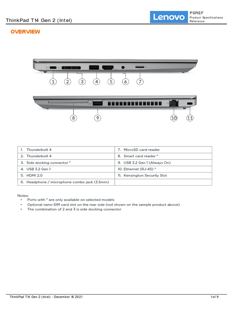 Thinkpad T14 Gen 2 (Intel) : Psref | PDF | Usb | Computer Hardware