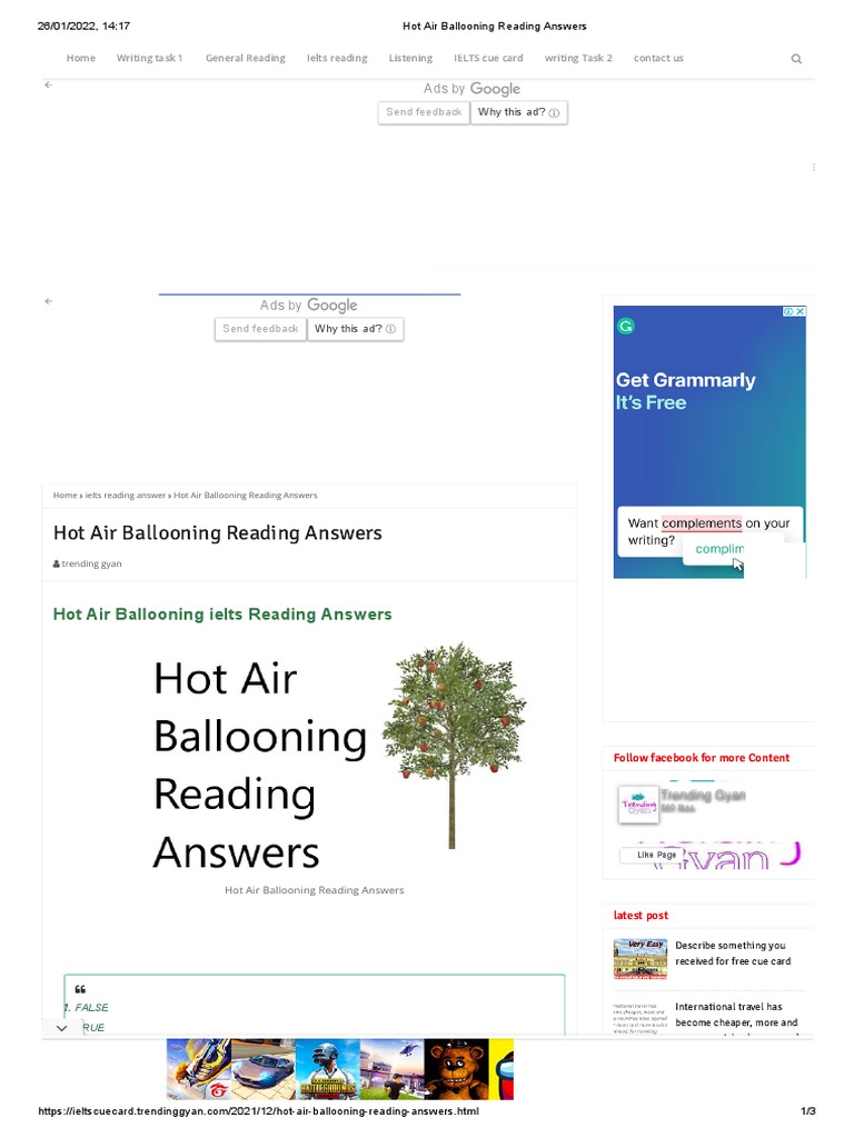 Hot Air Ballooning IELTS Reading Answers | PDF | International English ...