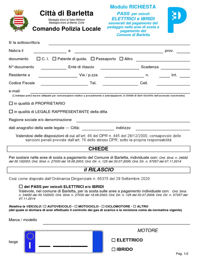 ELIB Mod Richiesta Pass SOSTA VEICOLO Elettrico Ibrido | PDF