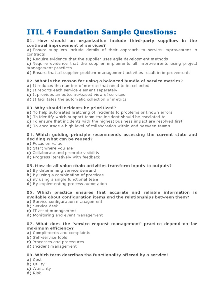 ITIL 4 Foundation Sample Questions | PDF | It Service Management ...