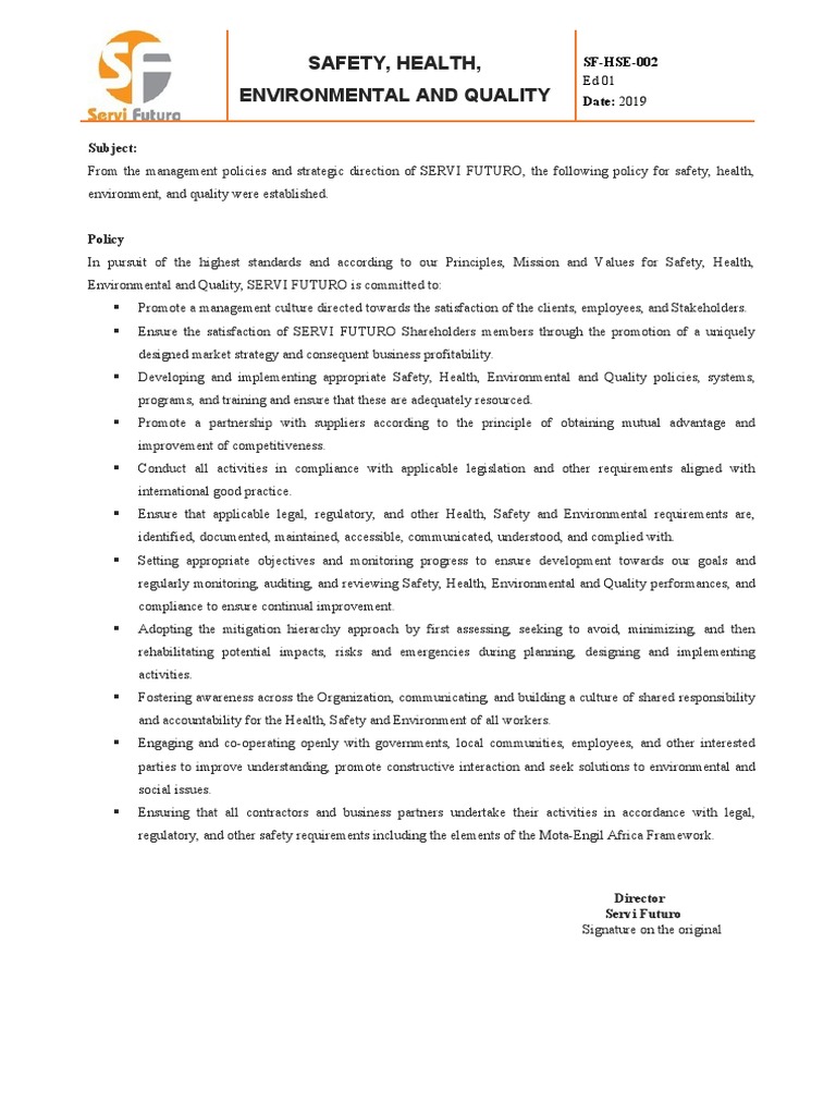 Safety, Health, Environmental and Quality Policy: Subject | PDF ...