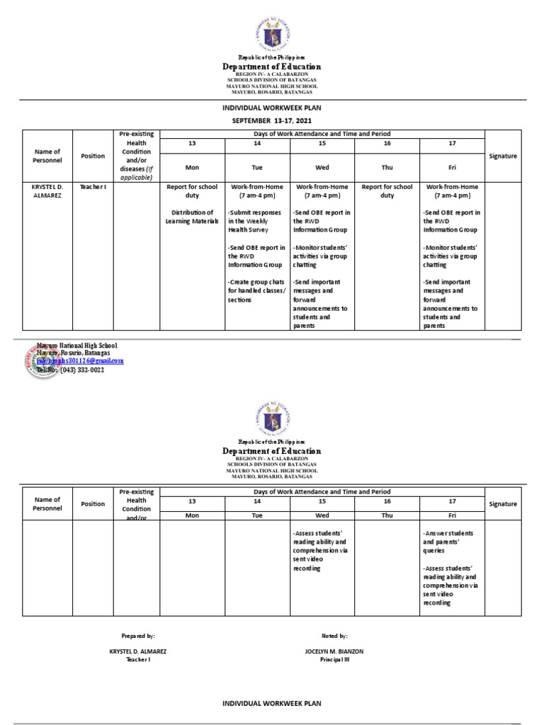 Work Week Plan Sample For Teachers | PDF | Cognition | Behavior ...