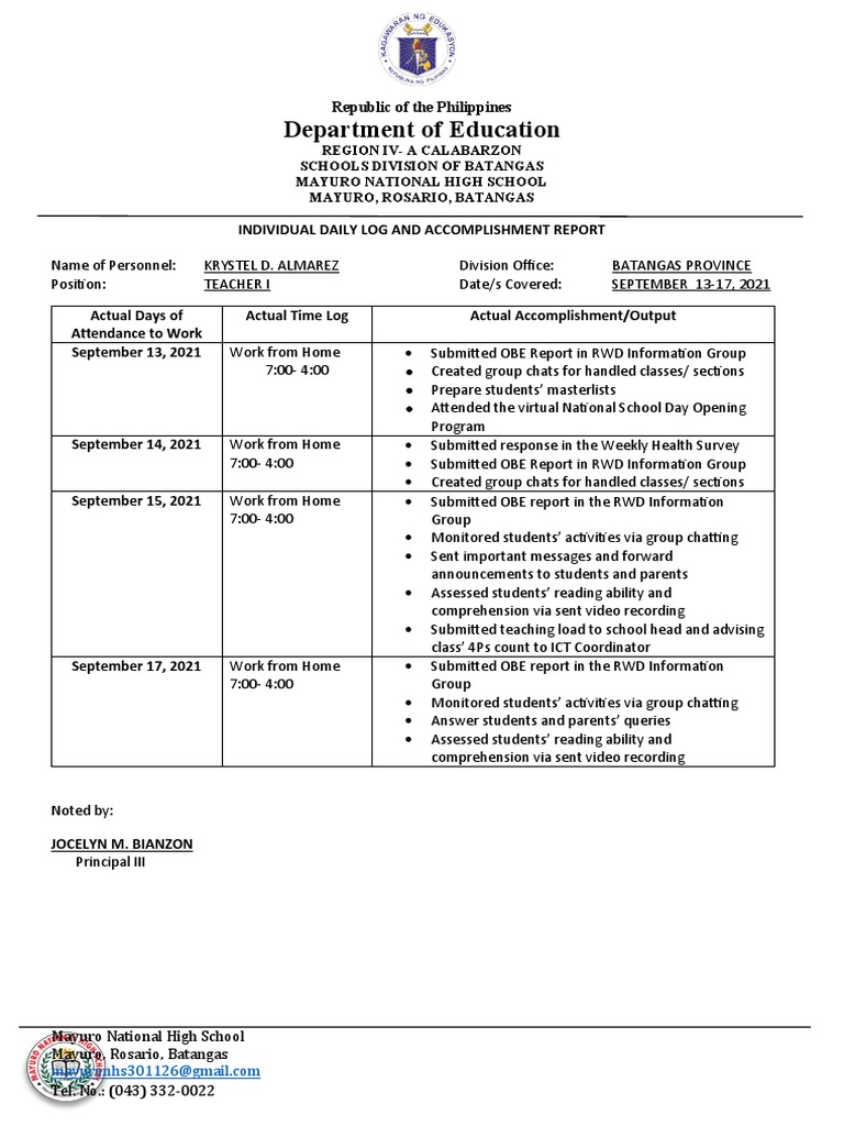 Individual Daily Log and Accomplishment Report Sample | Download Free ...