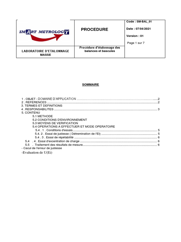 Procédure D'étalonnage Des Balances Ou Bascules | PDF | Calibrage | Balance (instrument)