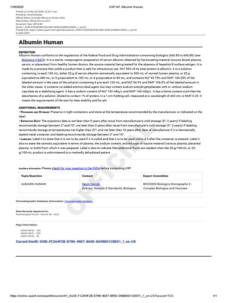 USP-NF Albumin Human | Download Free PDF | Blood Plasma | Clinical Medicine