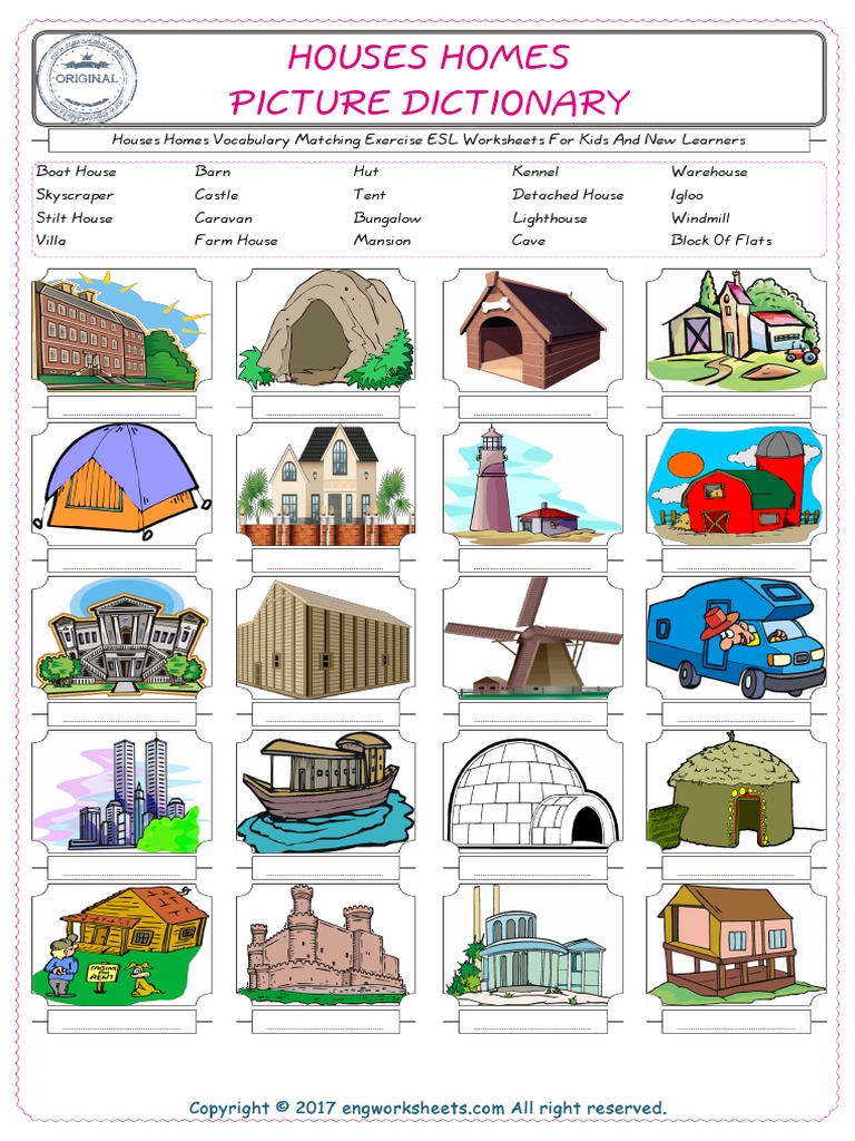 Houses Homes Vocabulary Matching Exercise ESL Worksheets For Kids and ...