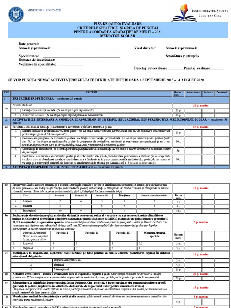 Fisa de Gradatie de Merit - Mediator Scolar 2021 | PDF
