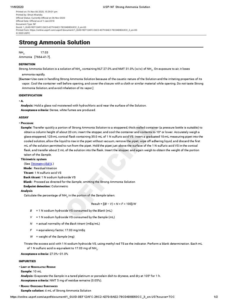 USP-NF Strong Ammonia Solution | PDF | Titration | Chemistry